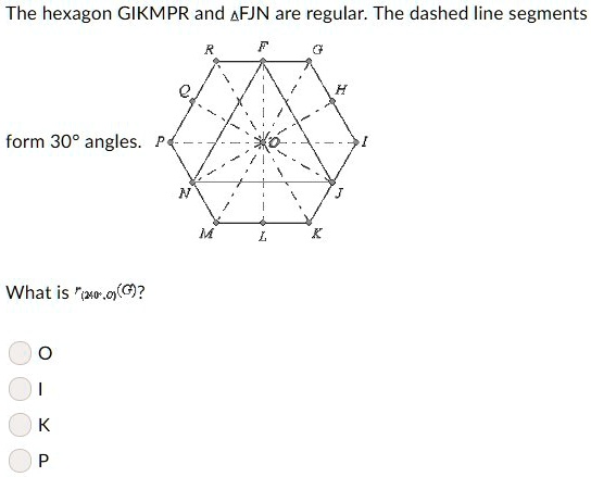 SOLVED: The hexagons GIKMPR and FJN are regular. The dashed line segments form 30Â° angles. The ...
