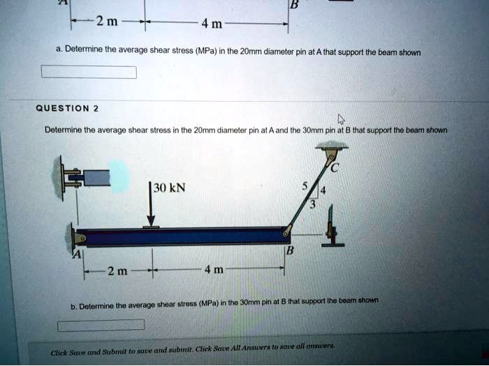 SOLVED: 4m a. Determine the average shear stress (MPa) in the 20mm diameter pin at A that ...