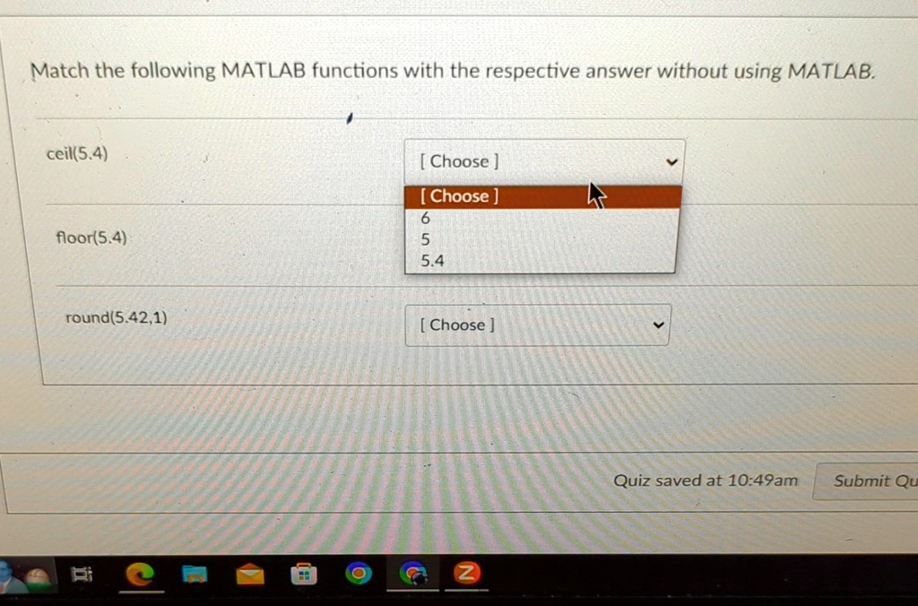 Solved Match The Following Matlab Functions With The Respective Answer Without Using Matlab