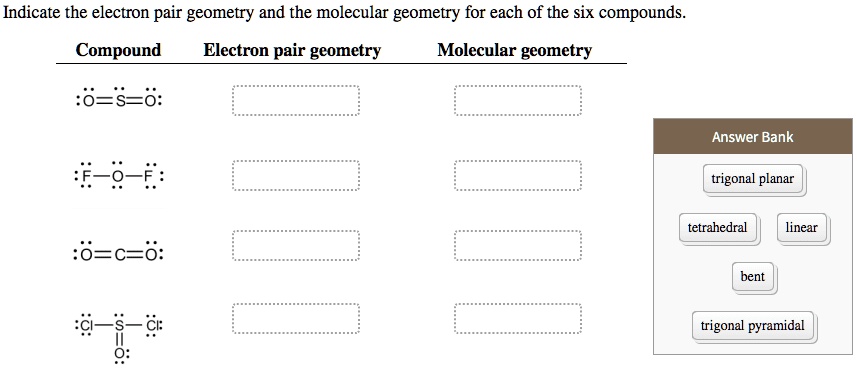 SOLVED: Indicate the electron pair geometry and the molecular geometry for each of the six ...