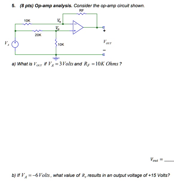 5. (8 pts) Op-amp analysis. Consider the op-amp circuit shown. VA + 10K RF Vn Vp + 20K 10K ...