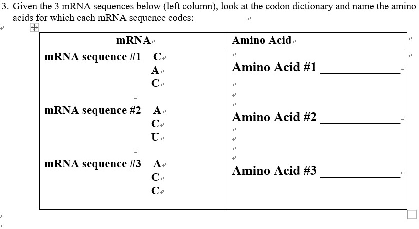 SOLVED: 3 . Given the 3 mRNA sequences below (left column), look at the ... SOLVED: 3 . Given the 3 mRNA sequences below (left column), look at the ...
