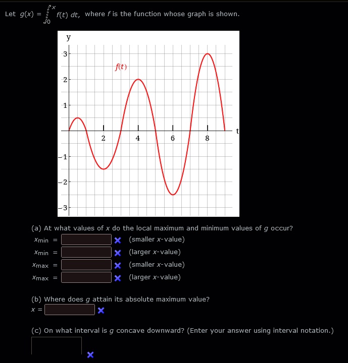 SOLVED: Text: âˆ«f(t) dt, where f is the function whose graph is shown. 0 â‰¤ t â‰¤ 8. (a) At ...