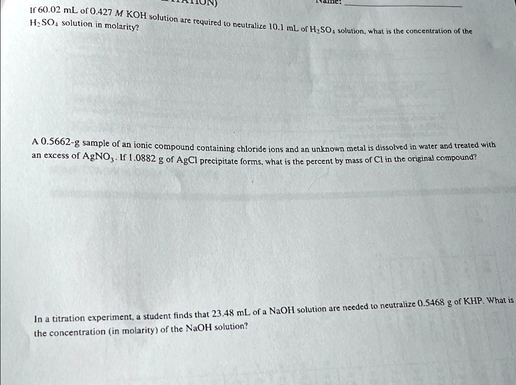 If 60.02 mL of 0.427 M KOH solution are required to neutralize 10.1 mL of H2SO4 solution, what ...