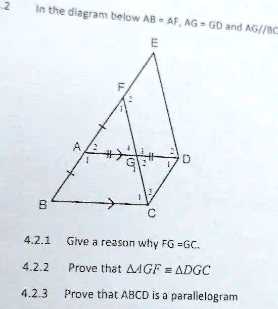 SOLVED: In the diagram below, AB = AF, AG = GD, and AG/IOC. 4.2.1 Give a reason why FG = GC. 4.2 ...