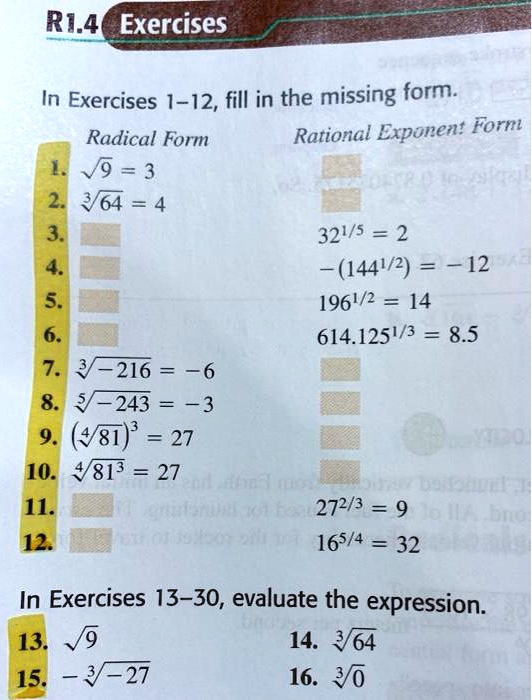 rl46 exercises in exercises 1 12 fill in the missing form radical form ...