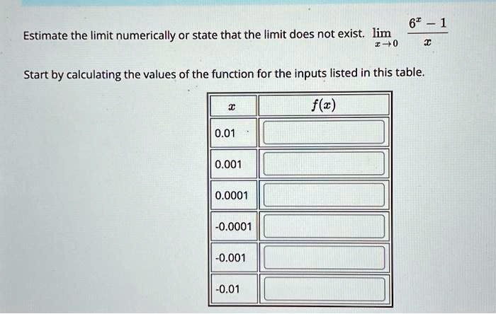 SOLVED: Estimate the limit numerically or state that the limit does not ...