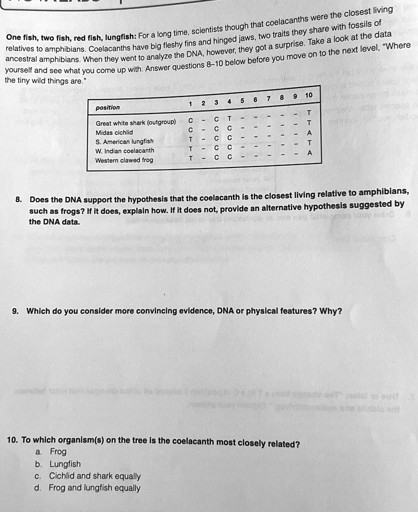 SOLVED: One fish, two fish, red fish, lungfish: For a long time ...