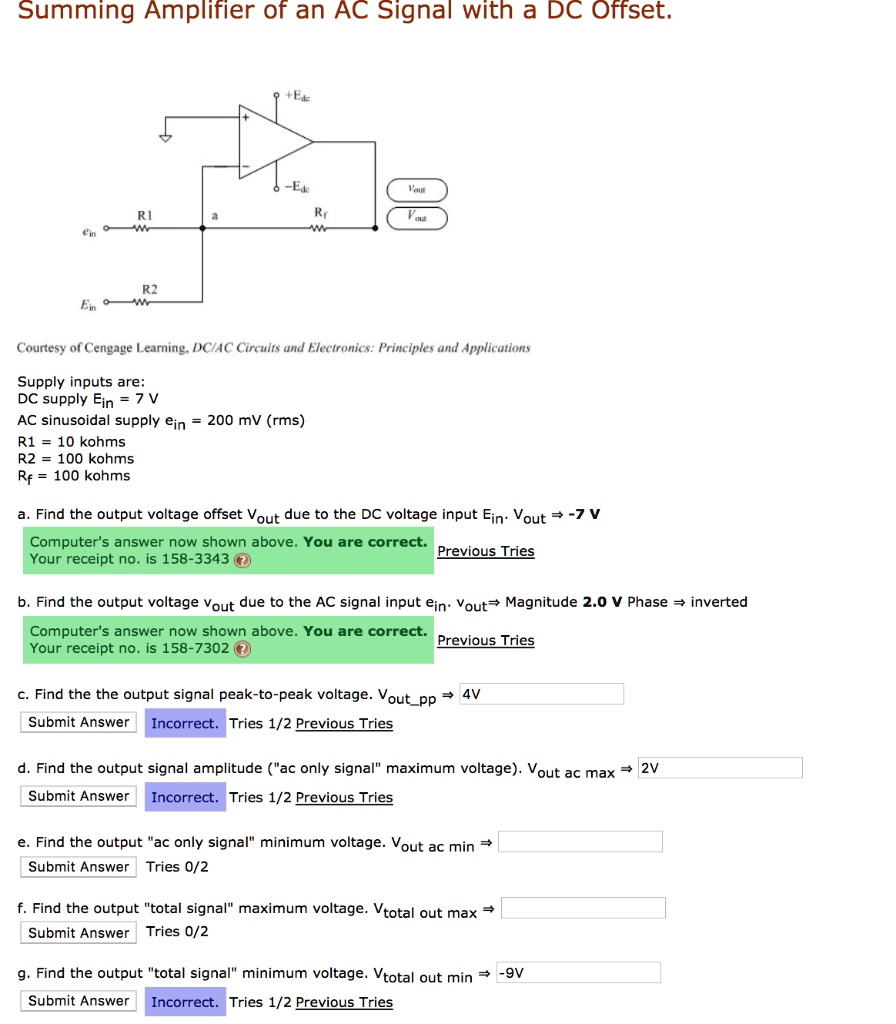 SOLVED: Summing Amplifier of an AC Signal with a DC Offset RI = R1 = 10 kohms Rf = 100 kohms R2 ...