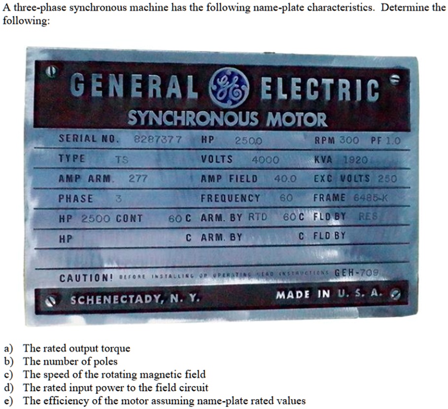 A three-phase synchronous machine has the following name-plate ...