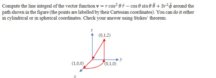 SOLVED: Compute the line integral of the vector function 𝐯=r cos ^2θr̂ ...