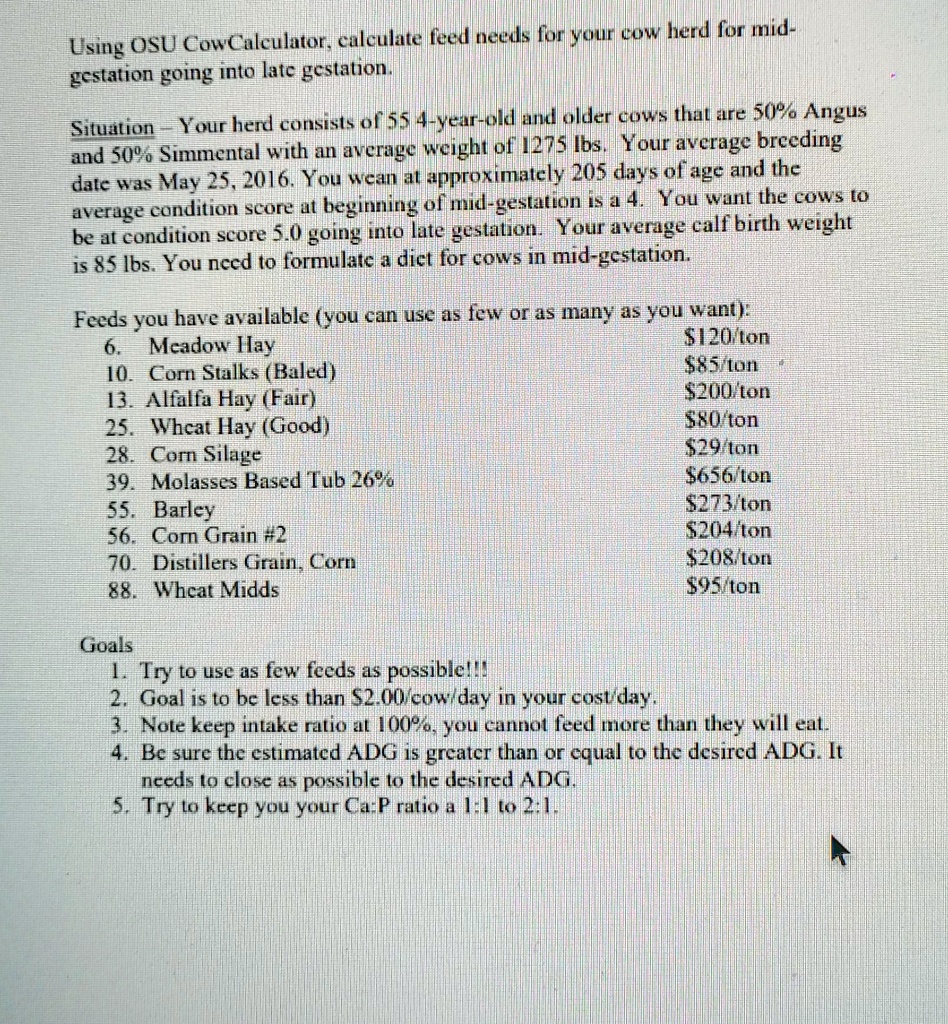 SOLVED: Using OSU Cow Calculator, calculate feed needs for your cow ...