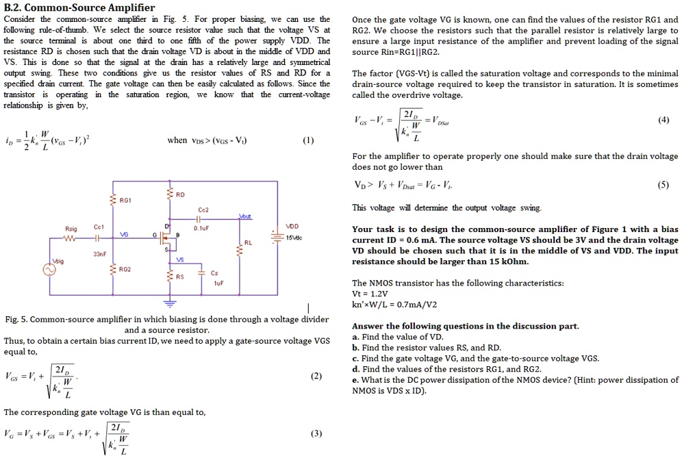 b2common source amplifier consider the common source amplifier in fig 5 for proper biasing we ...