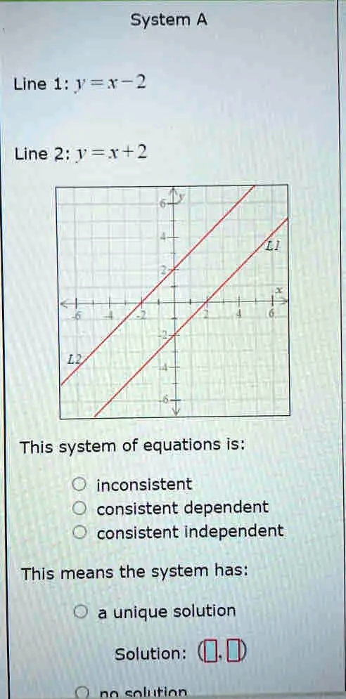 SOLVED: System A Line 1: "=x-2 Line 2: "=r+2 This system of equations ...