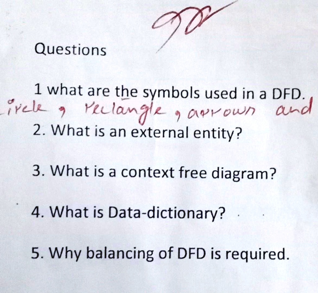 Questions 1 what are the symbols used in a DFD. circle, rectangle ...
