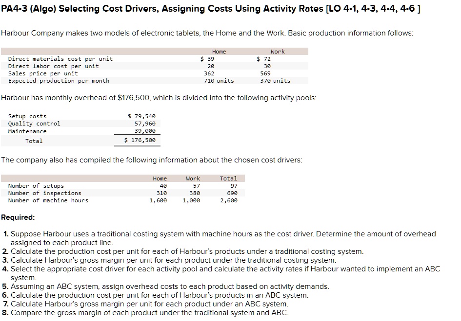 PA4-3 (Algo) Selecting Cost Drivers, Assigning Costs Using Activity ...