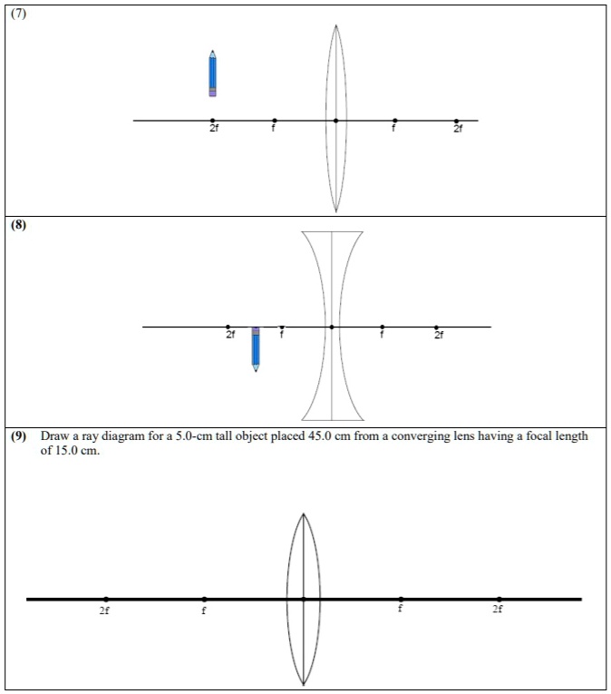 SOLVED: Draw ray diagram for a 0-cm tall object placed 45.0 cm from converging lens having focal ...