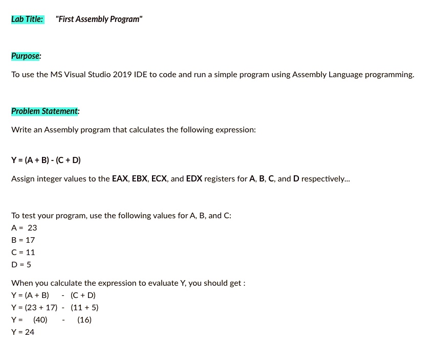 Lab Title: "First Assembly Program" Purpose: To use the MS Visual ...