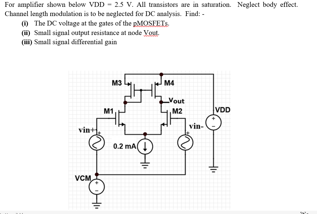 For amplifier shown below VDD =2.5 V. All transistors are in saturation. Neglect body effect ...