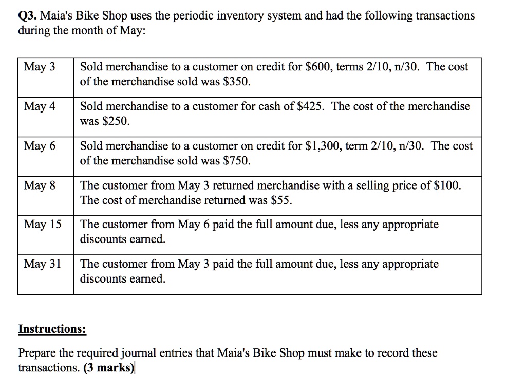 q3 maias bike shop uses the periodic inventory system and had the following transactions during ...
