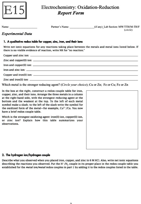 SOLVED: Electrochemistry: Oxidation-Reduction Report Form E15 Name ...