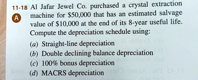 SOLVED: 11-18 Al Jafar Jewel Co. purchased a crystal extraction machine for 50,000 that has an ...