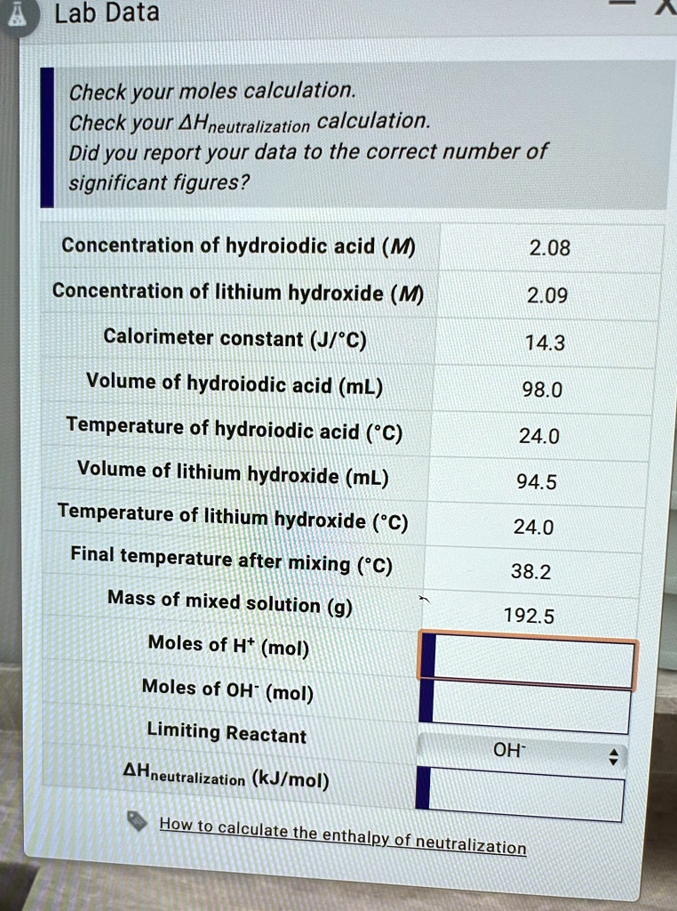 Lab Data Check your moles calculation. Check your Δ Hneutralization calculation. Did you report ...