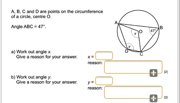 SOLVED: A, B C and D are points on the circumference of a circle, centre 0. Angle ABC = 478 Work ...