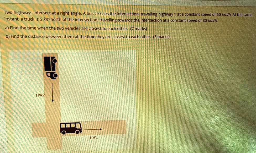 SOLVED: Two highways intersect at a right angle: A bus crosses the ...