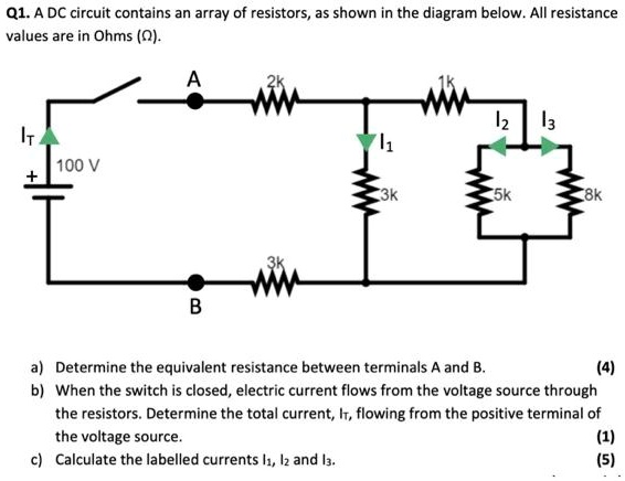 SOLVED: A DC circuit contains an array of resistors, as shown in the diagram below. All ...