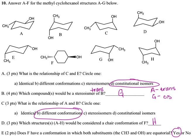 SOLVED: Answer A-F for the methyl cyclohexanol structures A-G below. CH3 CHz OH OH CH; CH; OH OH ...