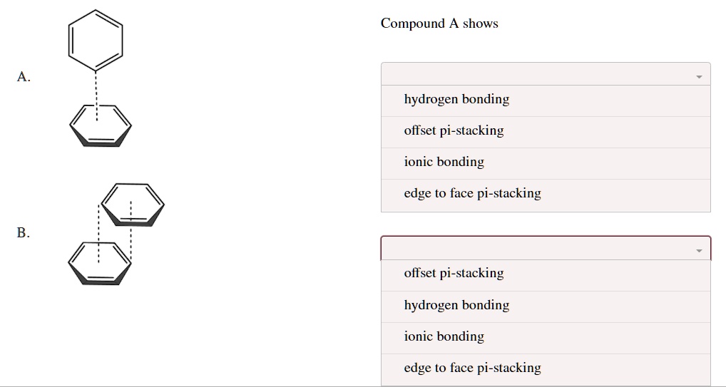 SOLVED: Compound A shows hydrogen bonding, offset pi-stacking, ionic ...