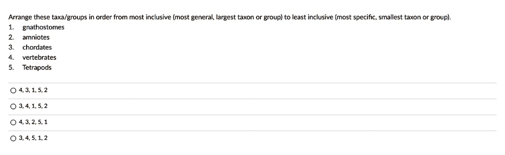 SOLVED: Arrange these taxa/groups in order from most inclusive (most general, largest taxon or ...