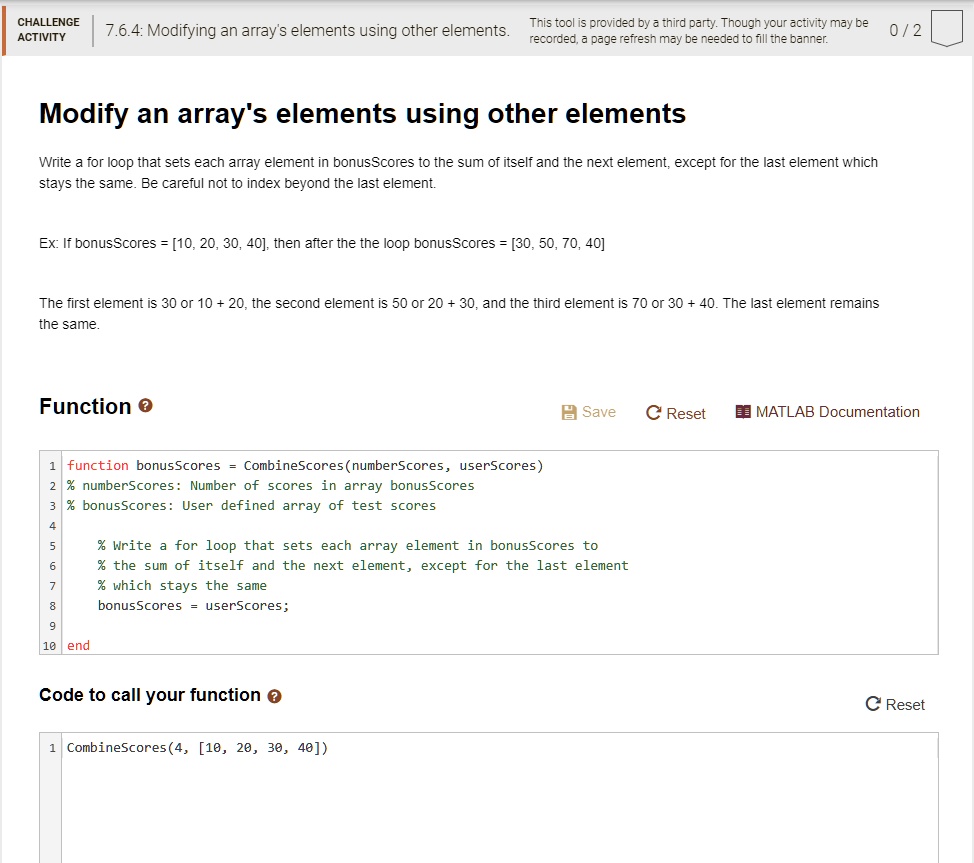 SOLVED: CHALLENGE ACTIVITY 7.6.4:Modifying an array's elements using other elements This tool is ...