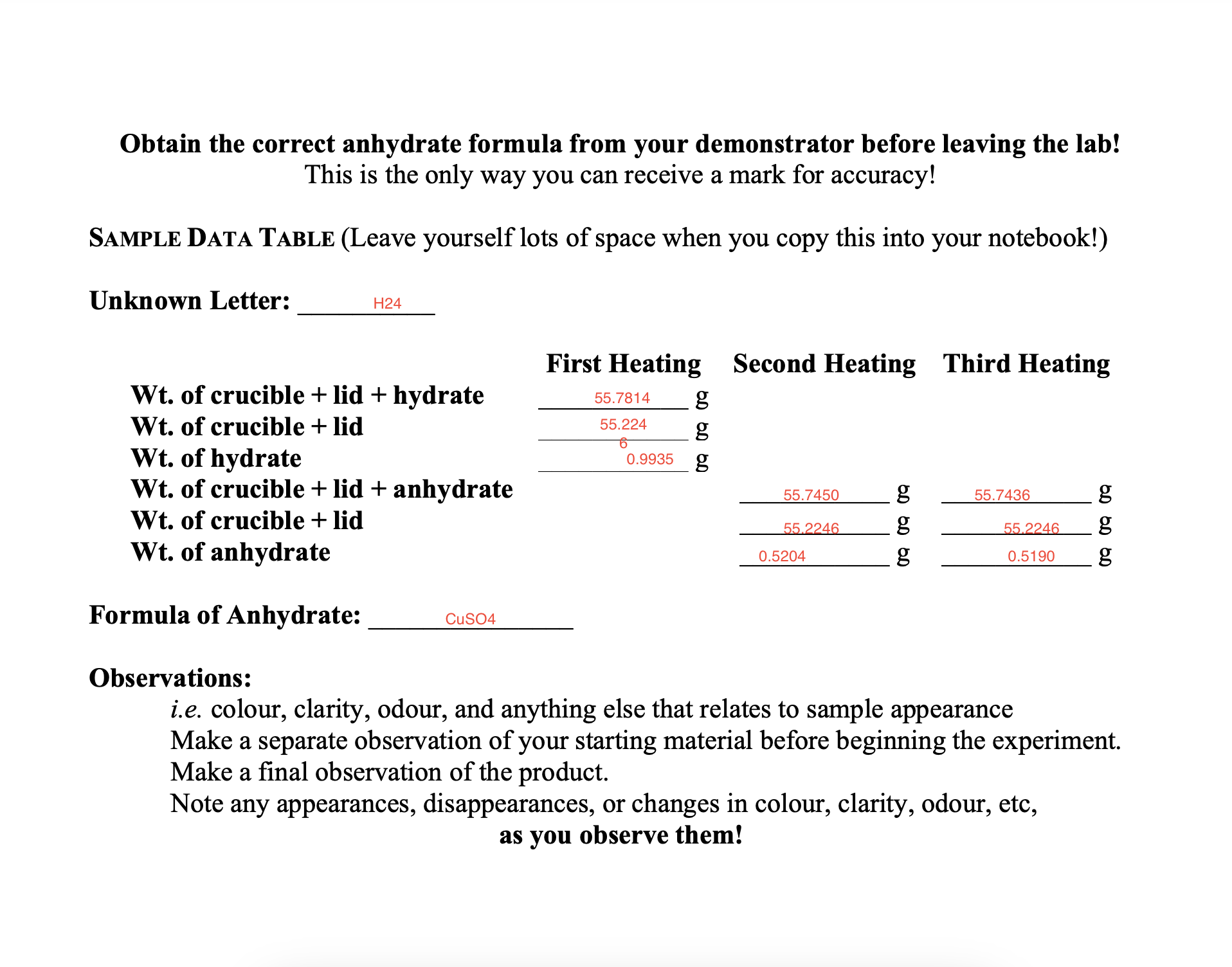 SOLVED: Obtain the correct anhydrate formula from your demonstrator ...