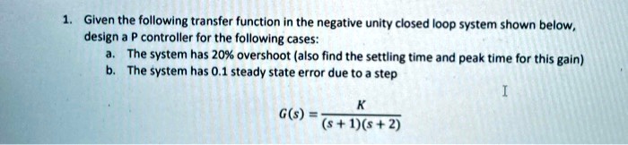 Solved 1 Given The Following Transfer Function In The Negative Unity Closed Loop System Shown