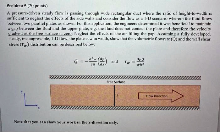 Problem 5 (20 points) A pressure-driven steady flow is passing through wide rectangular duct ...