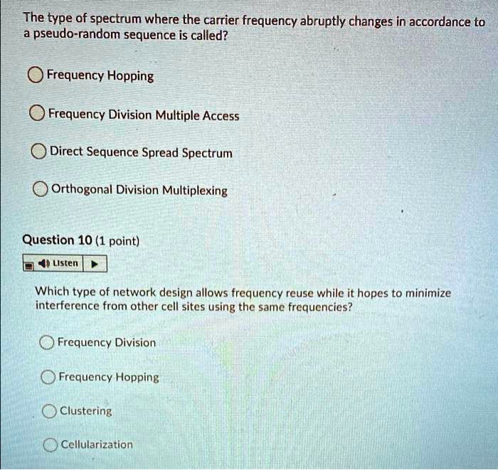 SOLVED: Text: Wireless Telecom The type of spectrum where the carrier frequency abruptly changes ...