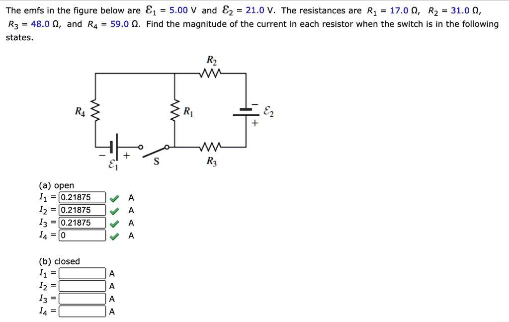 SOLVED:The emfs in the figure below are â‚¬1 5.00 V and â‚¬2 21.0 V ...