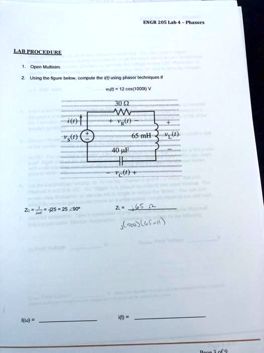Using the figure below, compute the i(t) using phasor techniques. ENGR 205 Lab 4 - Phasors LAB ...