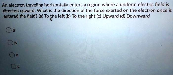 An electron traveling horizontally enters a region where a uniform electric field is directed ...