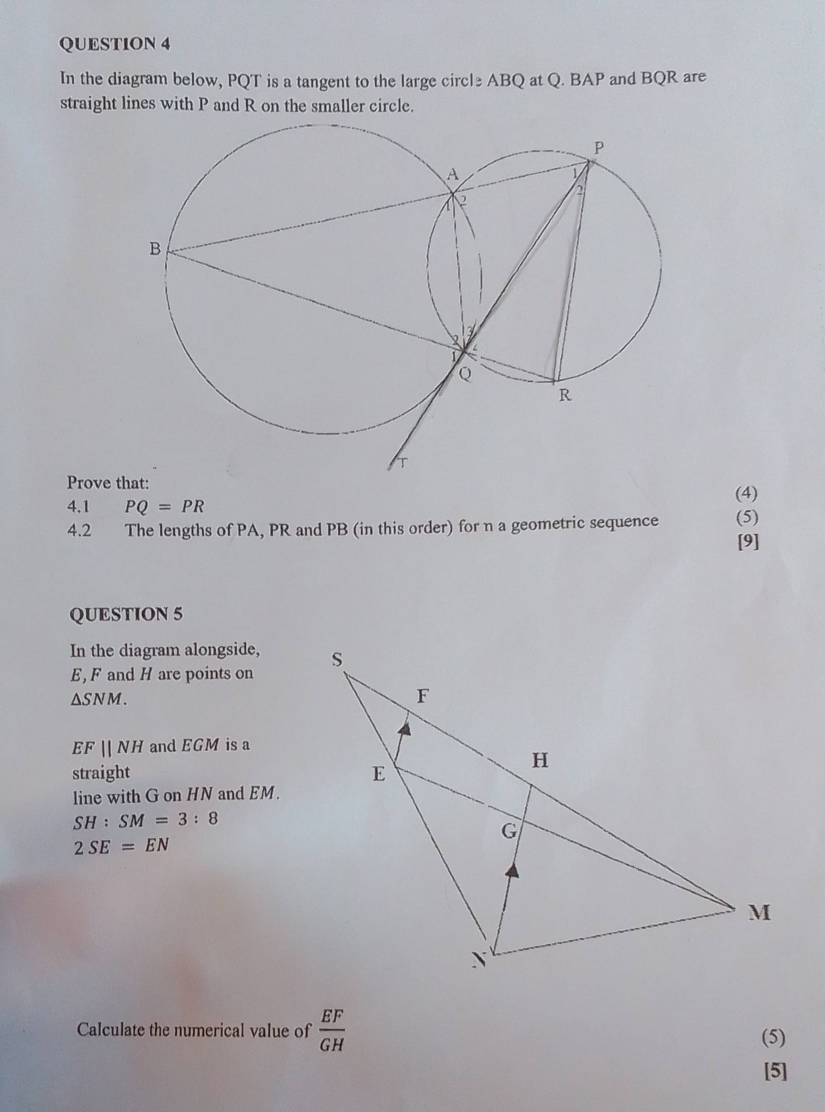 SOLVED: QUESTION 4 In the diagram below, PQT is a tangent to the large ...