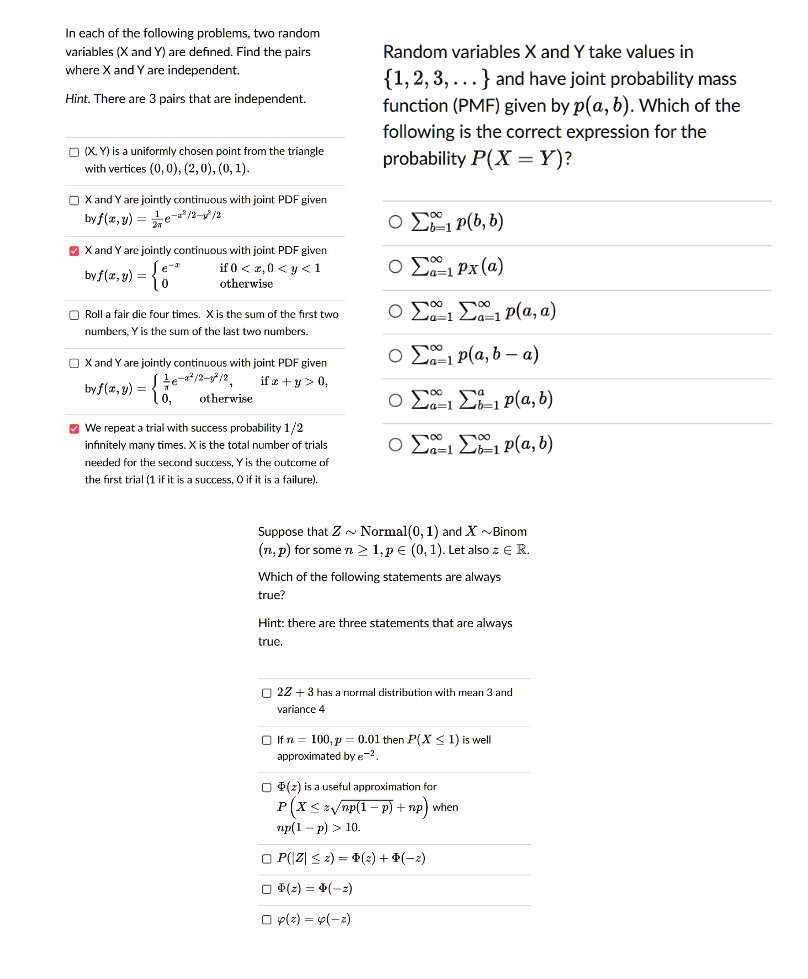 in each of the following problems two random variables x and y are defined find the pairs where ...