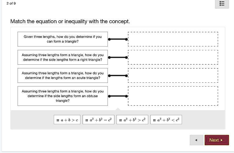 Match the equation or inequality with the concept. Given...