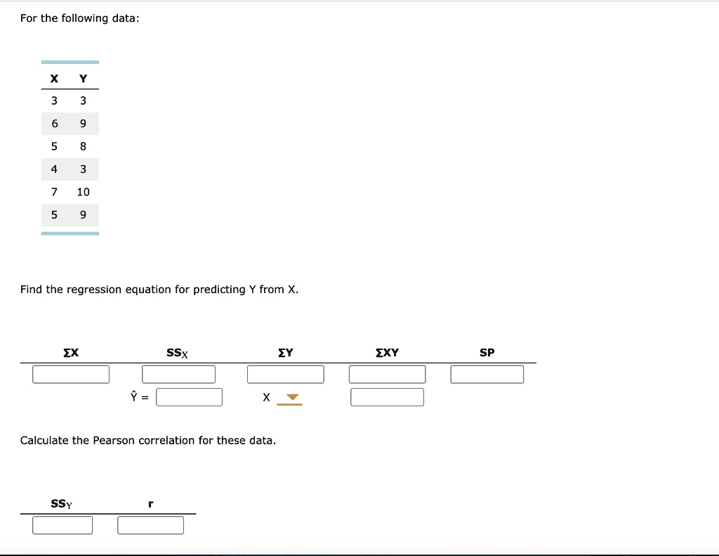 for the following data 10 find the regression equation for predicting y from x ssx exy sp ...