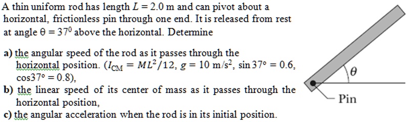 A thin uniform rod has length L = 2.0 m and can pivot about a ...