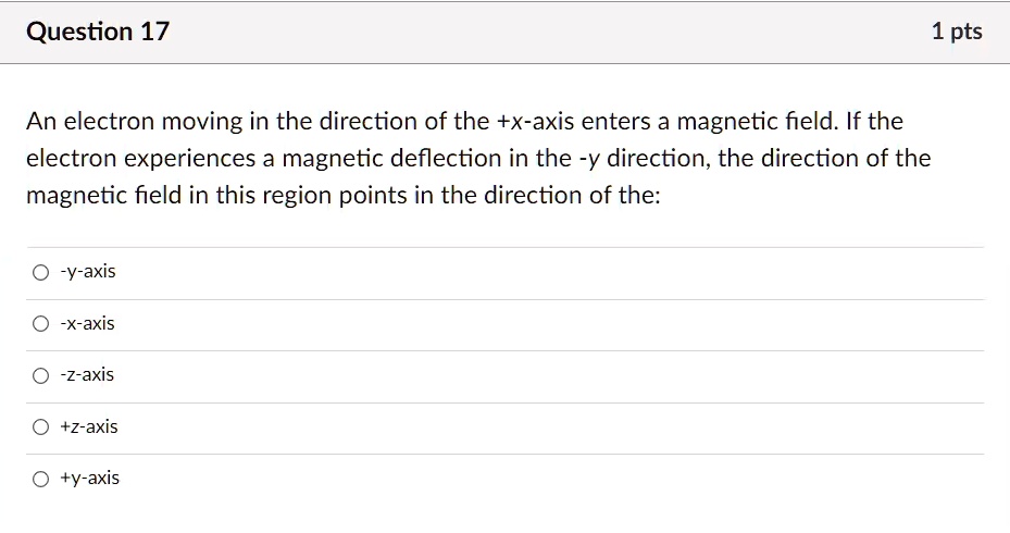 SOLVED: Question 17 1 pts An electron moving in the direction of the +X-axis enters a magnetic ...