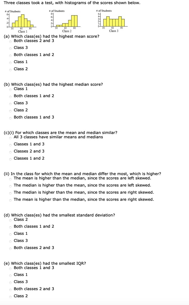 SOLVED: Three classes took a test, with histograms of the scores shown ...