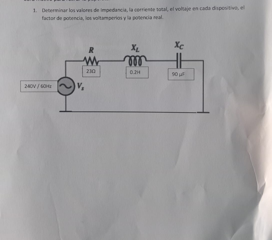 1. Determinar los valores de Impedancia, la corriente total, el voltaje ...