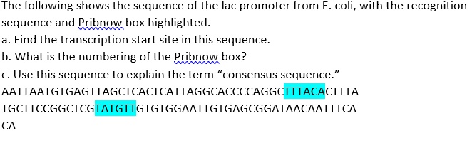 SOLVED: The following shows the sequence of the lac promoter from E ...